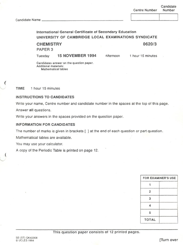Candidate Centre Number and Name for GCSE Chemistry Exam(II)use in ...