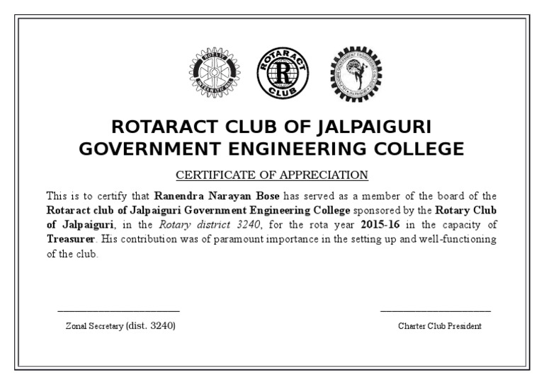 ROTARACT Certificate Treasurer