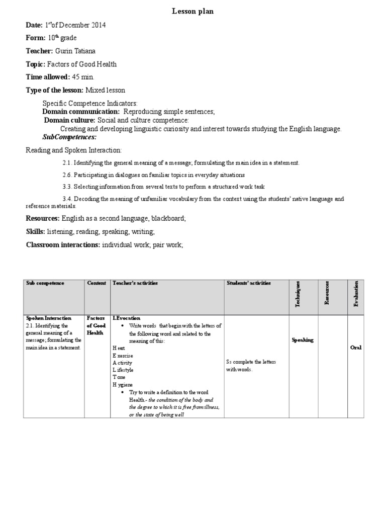 Lesson Plan Factors of Good Health | PDF | Emergence | Cognitive Science