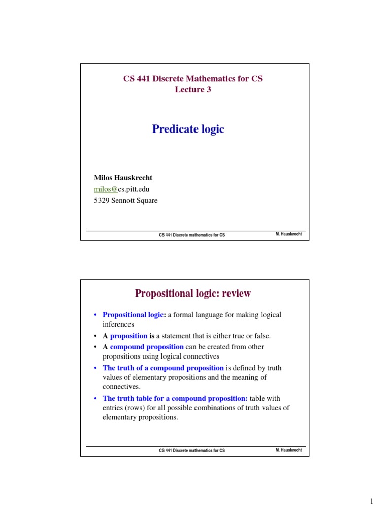Predicate Logic: CS 441 Discrete Mathematics For CS | PDF | Metalogic | Logic