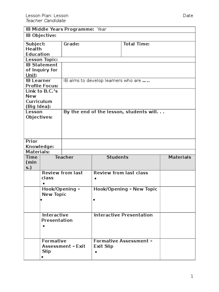 Myp Lesson Plan Template | PDF | Lesson Plan | Applied Psychology
