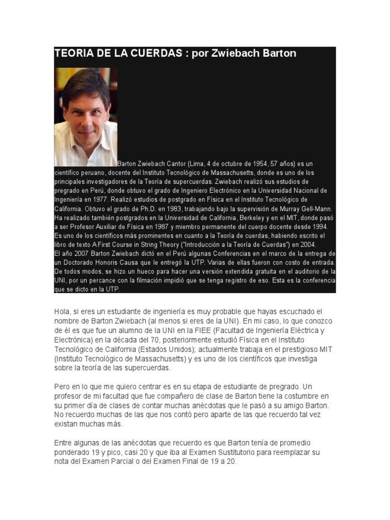 Biografía de Barton Zwiebach y su legado | PDF