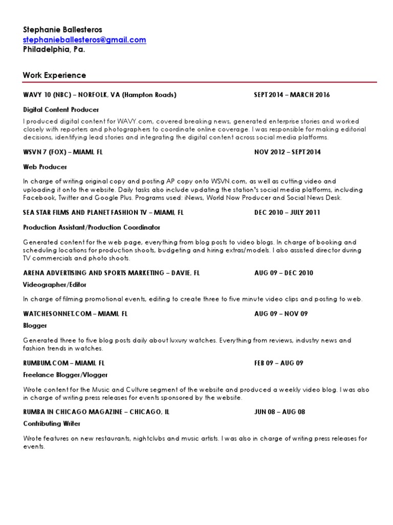 Stephanie Ballesteros Philadelphia, Pa. Work Experience | PDF | News ...