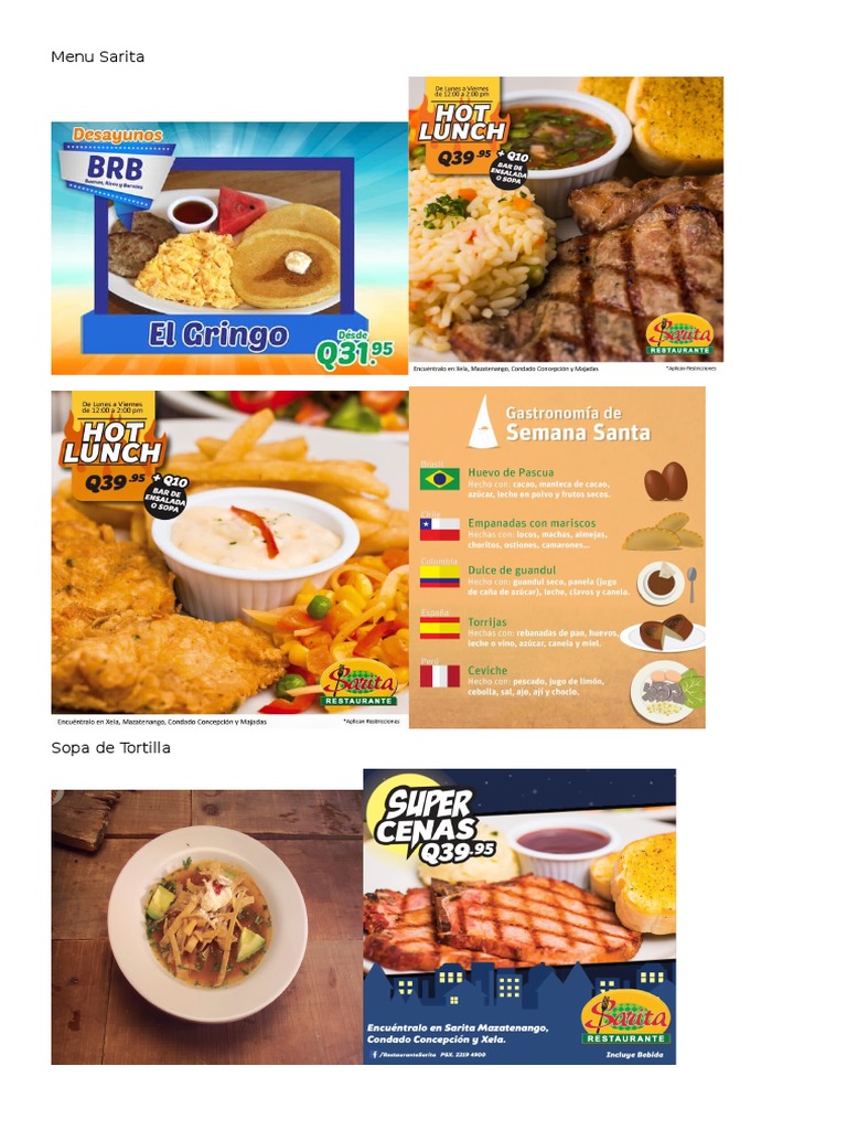 Menu Sarita | PDF | Cocina, comidas y vino