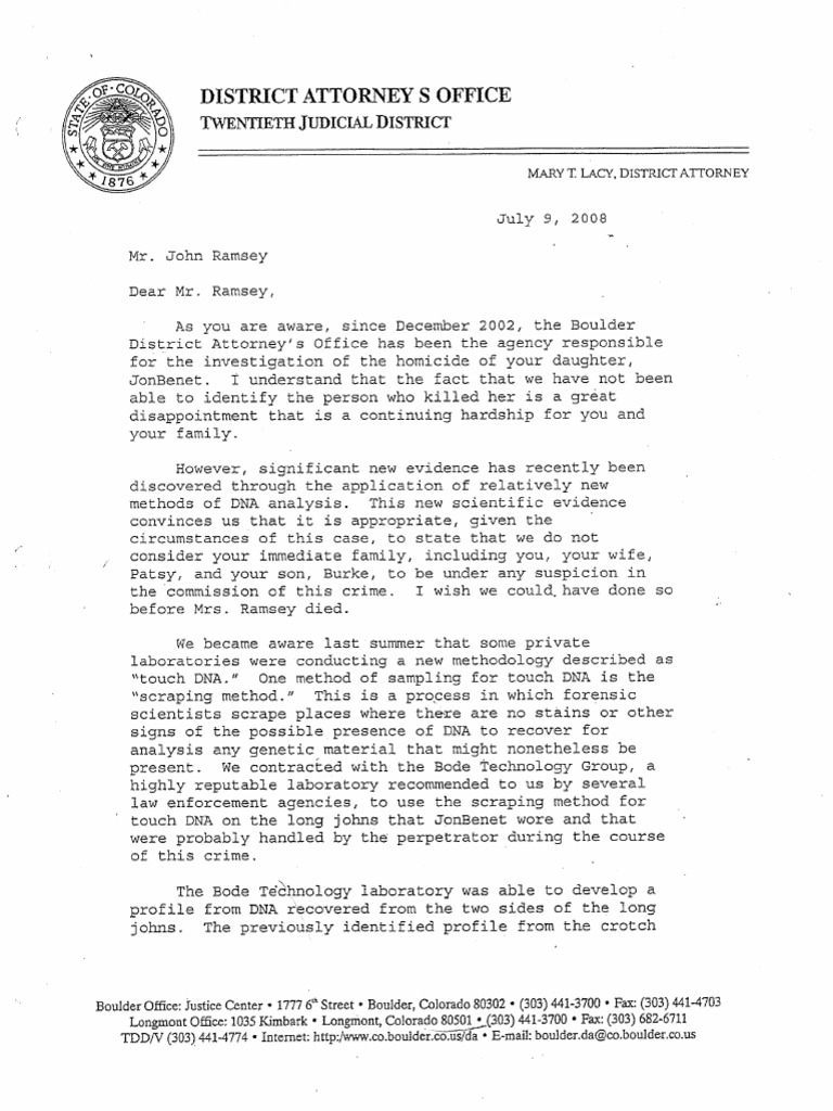 DA Mary Lacy Letter Exonerating The Ramseys | PDF