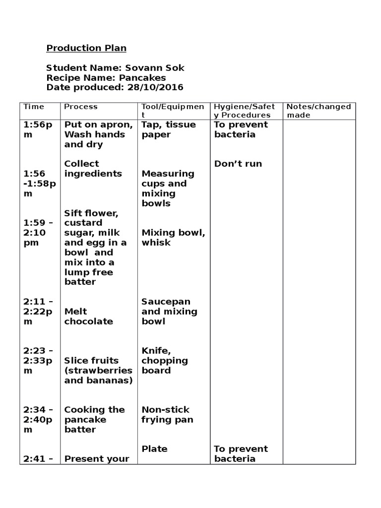 Pancake Production Plan and Process | PDF | Cooking, Food & Wine | Wellness