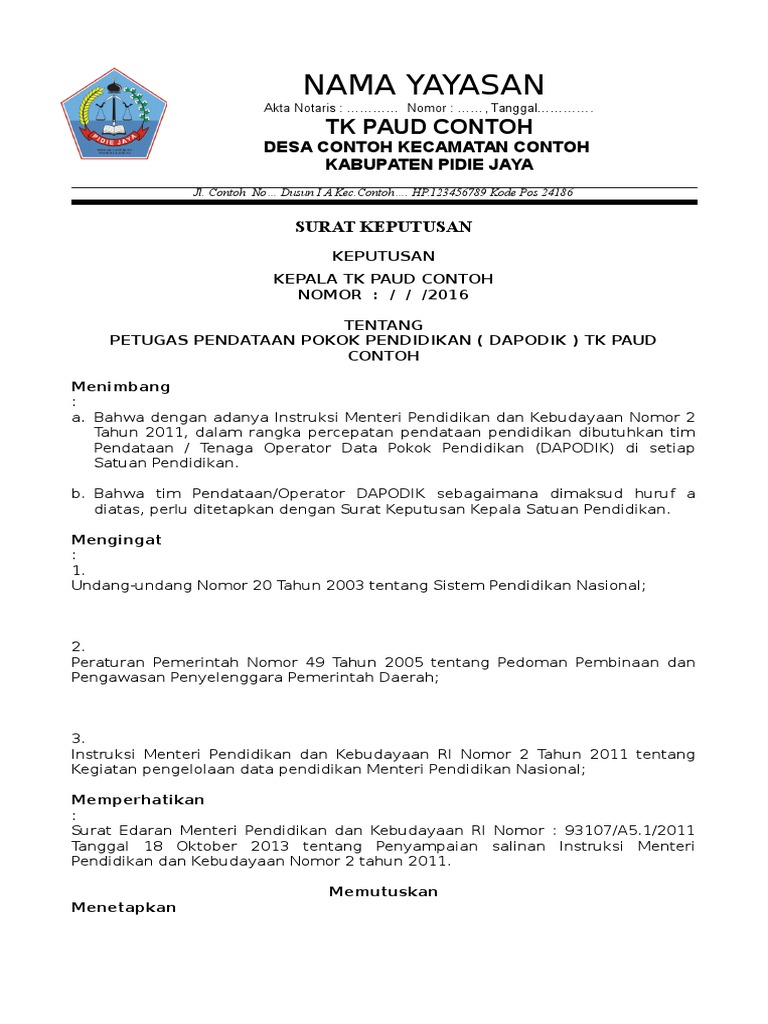 SK Operator Dapodik TK PAUD Contoh | PDF