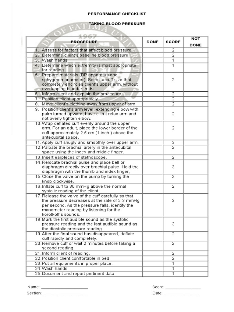 Performance Checklist Taking Blood Pressure | PDF