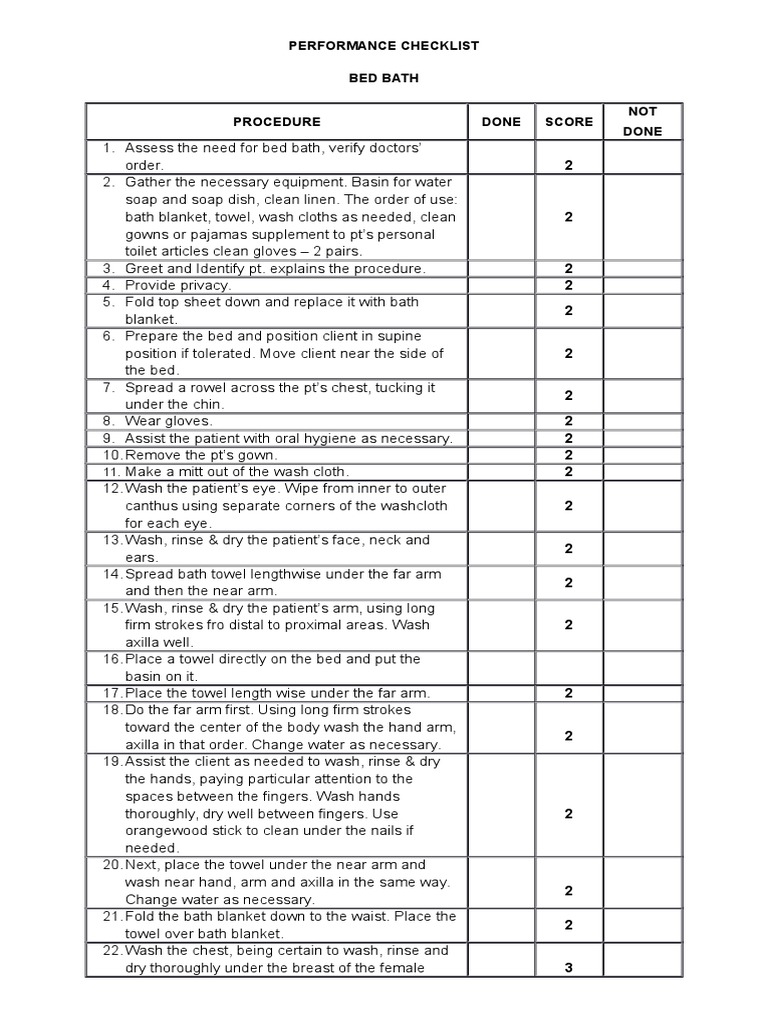 Performance Checklist Bed Bath NOT Done | PDF | Towel | Hygiene