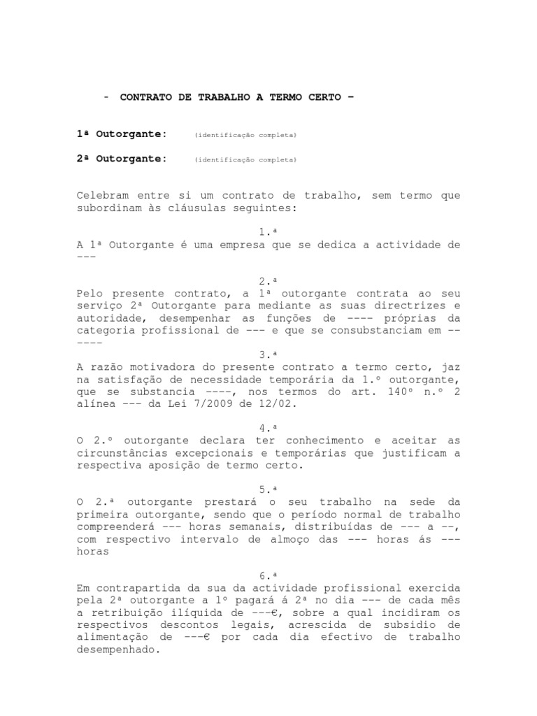 Minuta Contrato Trabalho 1 | PDF | Férias trabalhistas | Estatuto