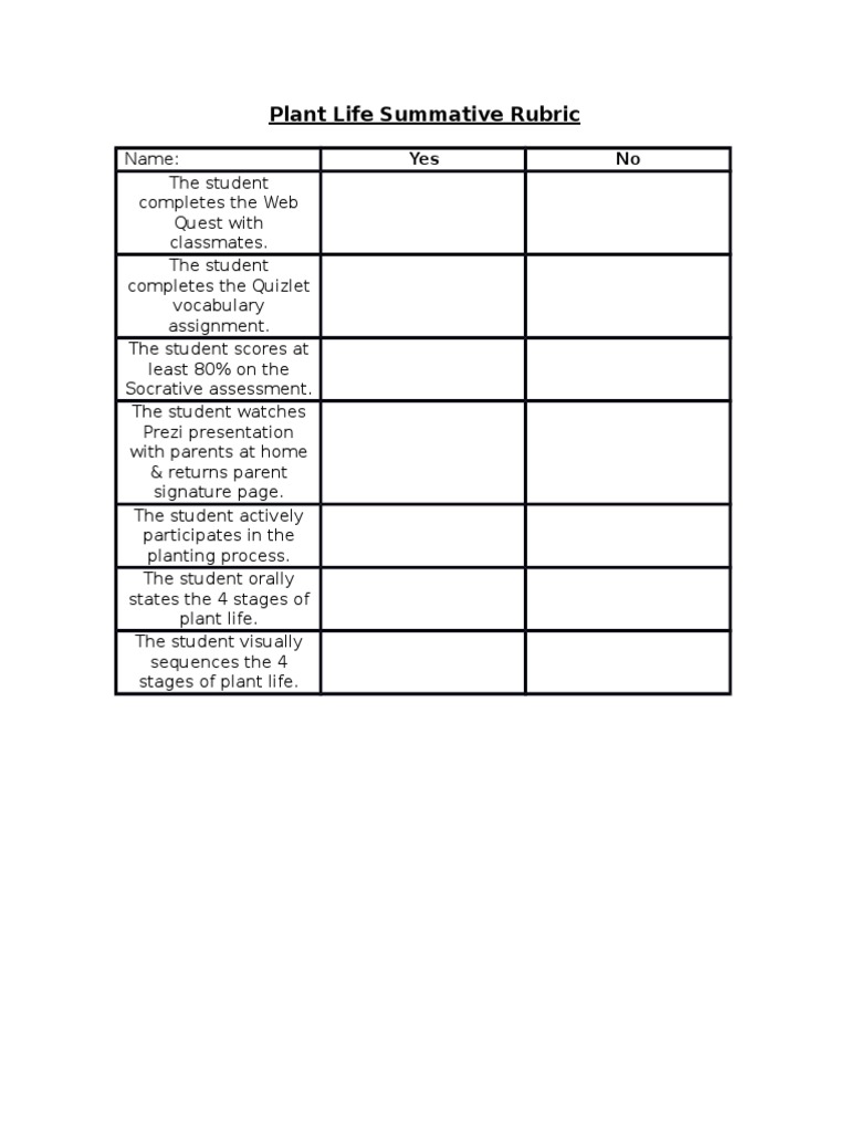 Plant Life Summative Rubric | PDF
