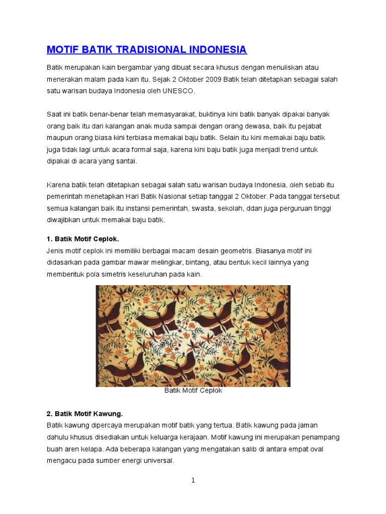 15 Jenis Nama Motif Batik Tradisional Indonesia | PDF