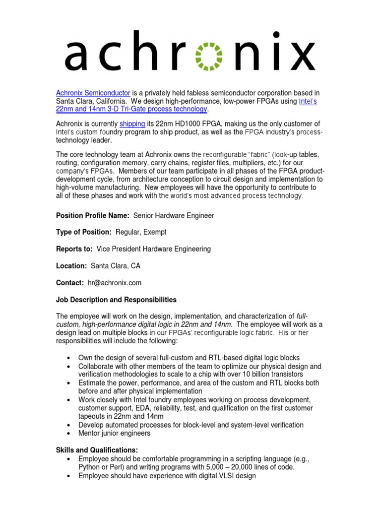 Achronix Senior Hardware Engineer Core Tech | PDF | Field Programmable Gate Array | Digital ...