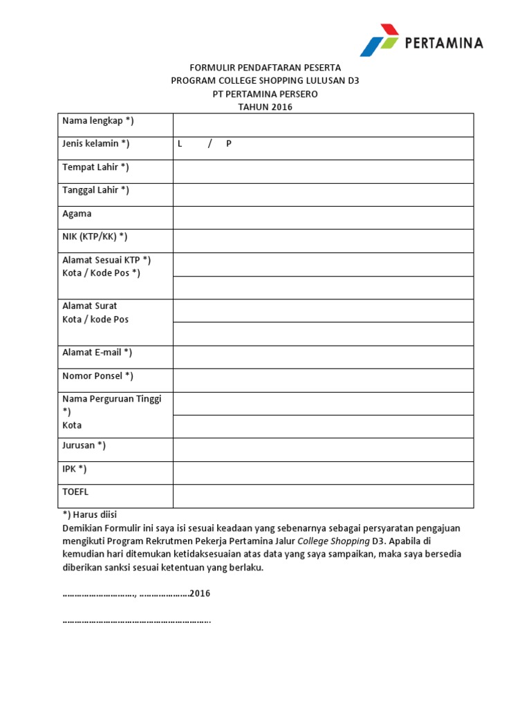 Formulir Peserta Pertamina | PDF