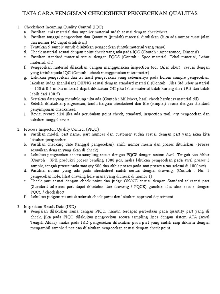 Tata Cara Pengisian Checksheet Pengecekan Qualitas | PDF