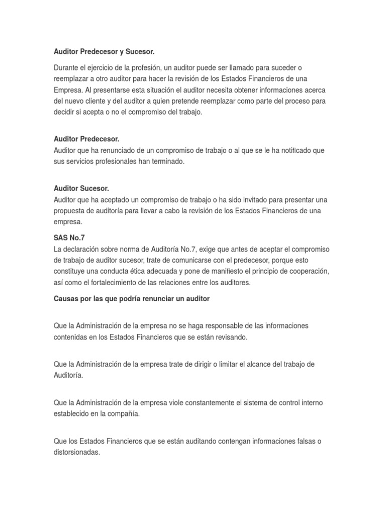 Auditor Predecesor y Sucesor | PDF | Contralor | Auditoría financiera
