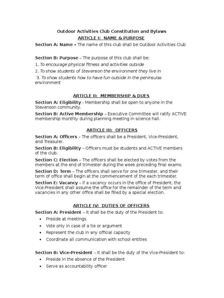 Outdoor Activities Club Constitution and Bylaws | PDF | Committee | Quorum