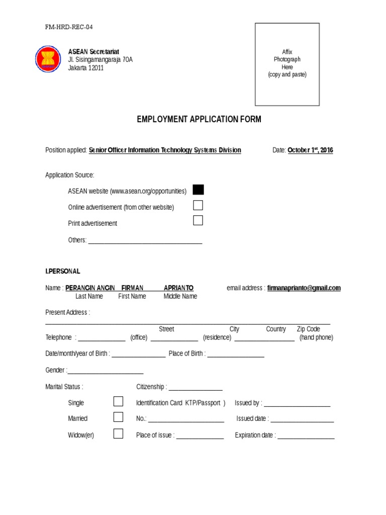 ASEC Employment Form-Hrd | PDF