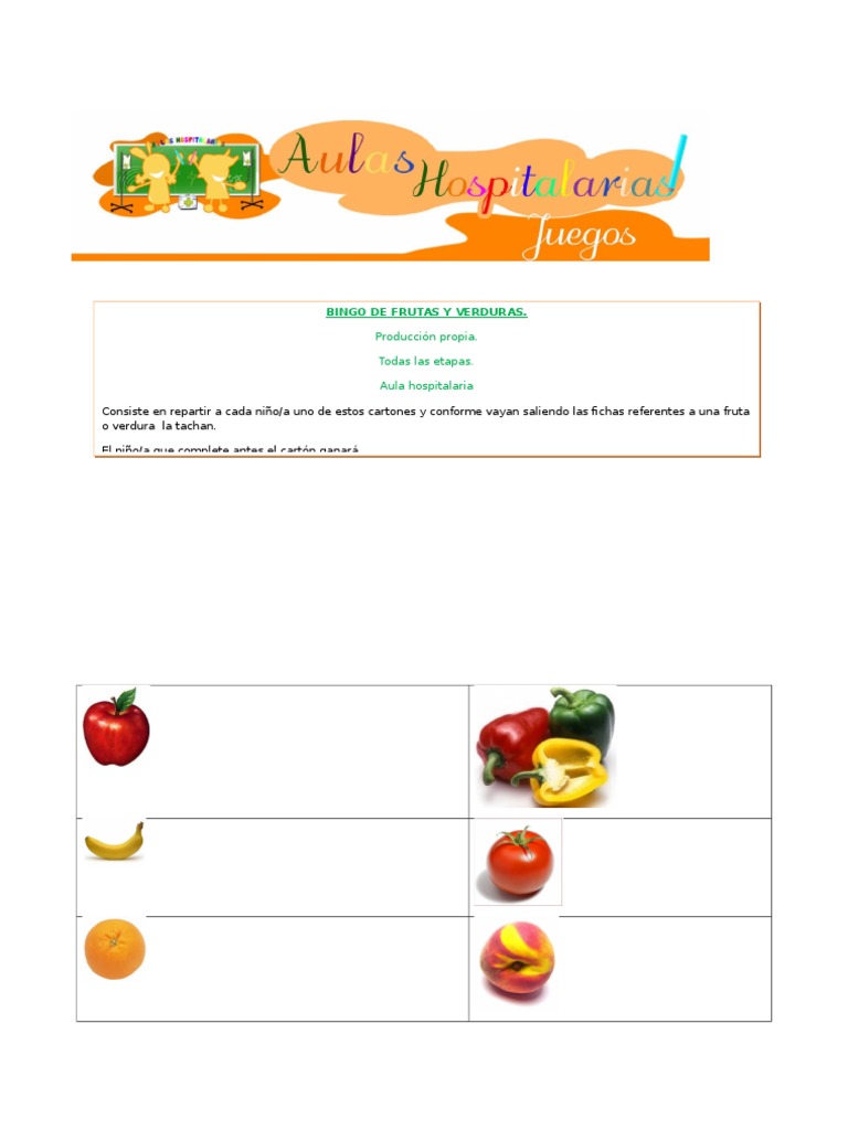 Bingo Frutas y Verduras