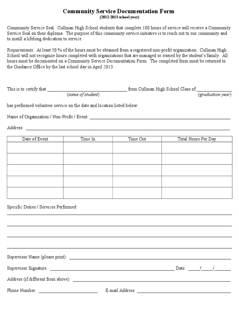 Community Service Documentation Form: (2012-2013 School Year) | PDF