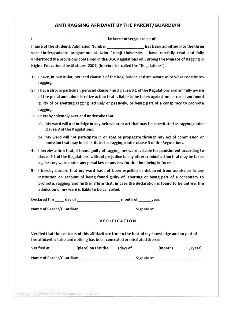 Anti-Ragging Affidavit by Parent or Guardian 2015 | PDF | Social ...