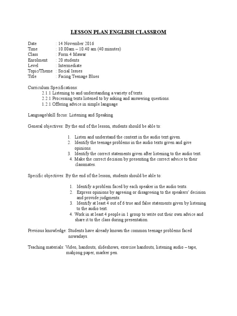 Lesson Plan On Listening and Speaking Form 4 | PDF | Lesson Plan ...