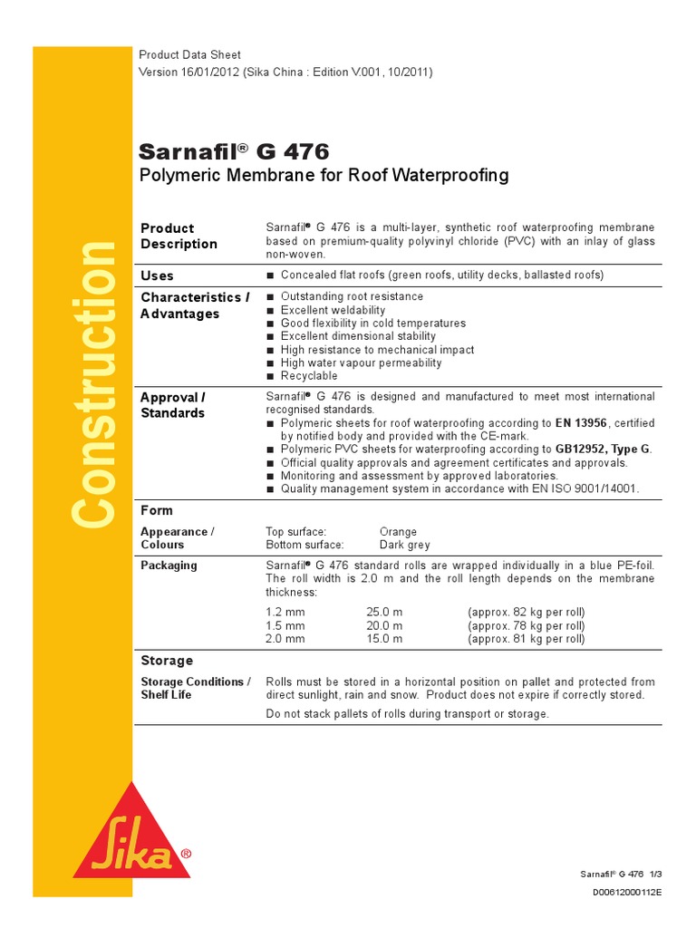 Sika PDS_E_Sarnafil G 476.pdf | Welding | Building Engineering