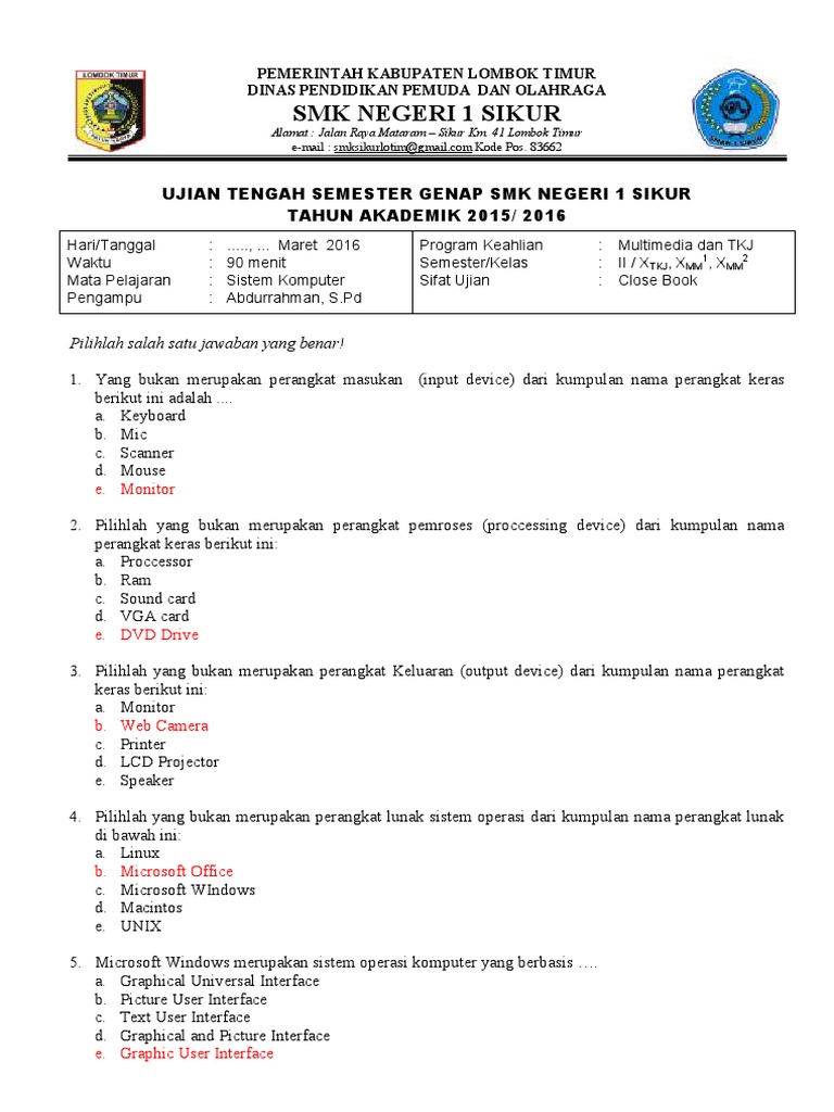 Soal Siskom + Kunci Jawaban | PDF