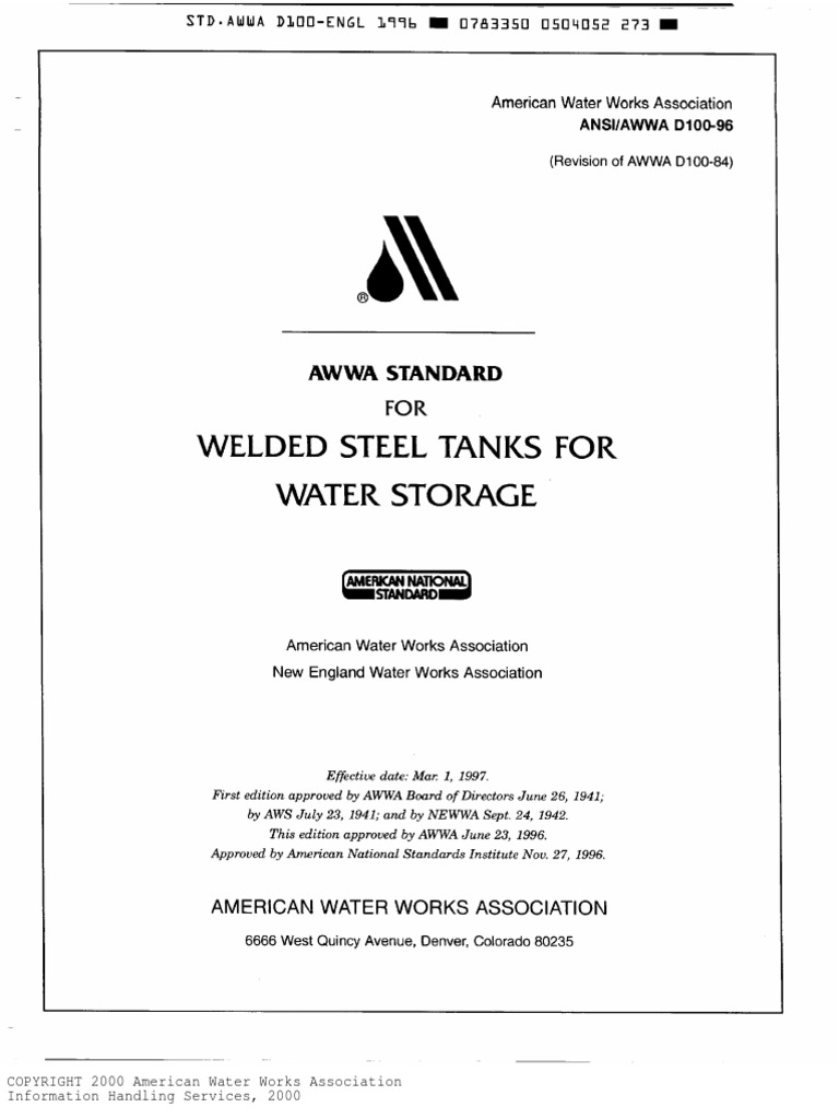 AWWA-D100-96-Welded Steel Tanks For Water Storage PDF | PDF | Water ...