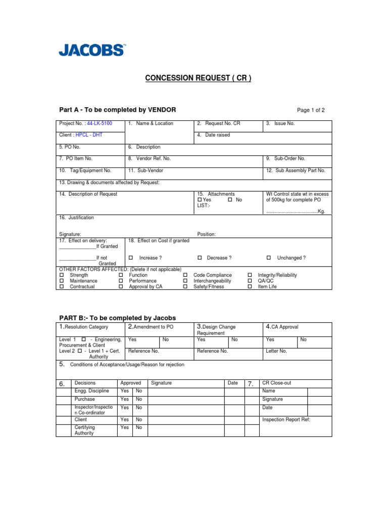 Part A - To Be Completed by VENDOR: Concession Request (CR) | PDF ...