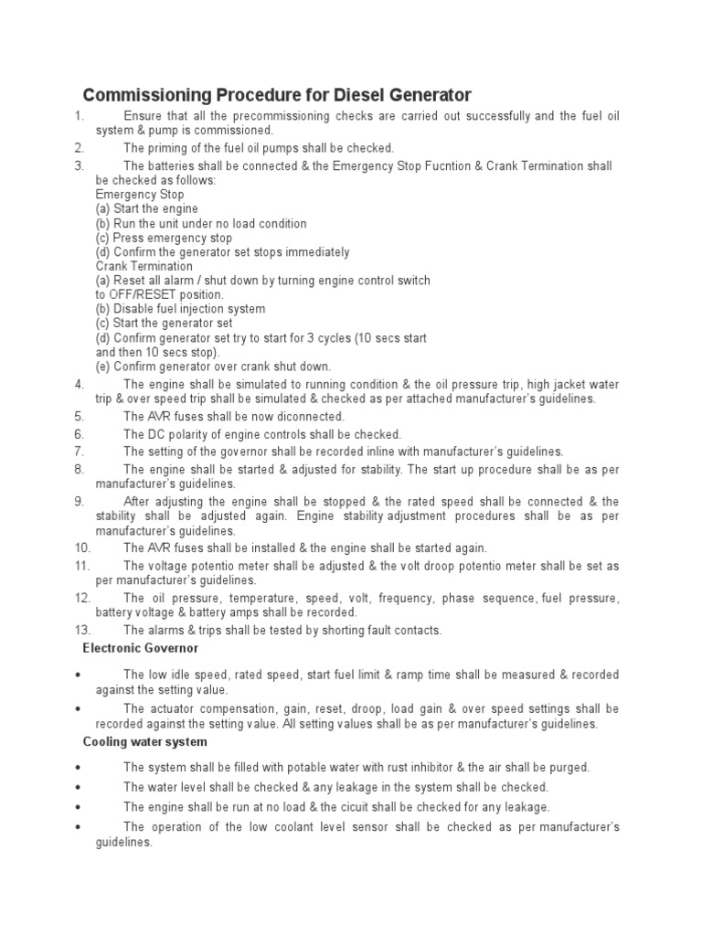 Commissioning Procedure For Diesel Generator Pdf Electric Generator