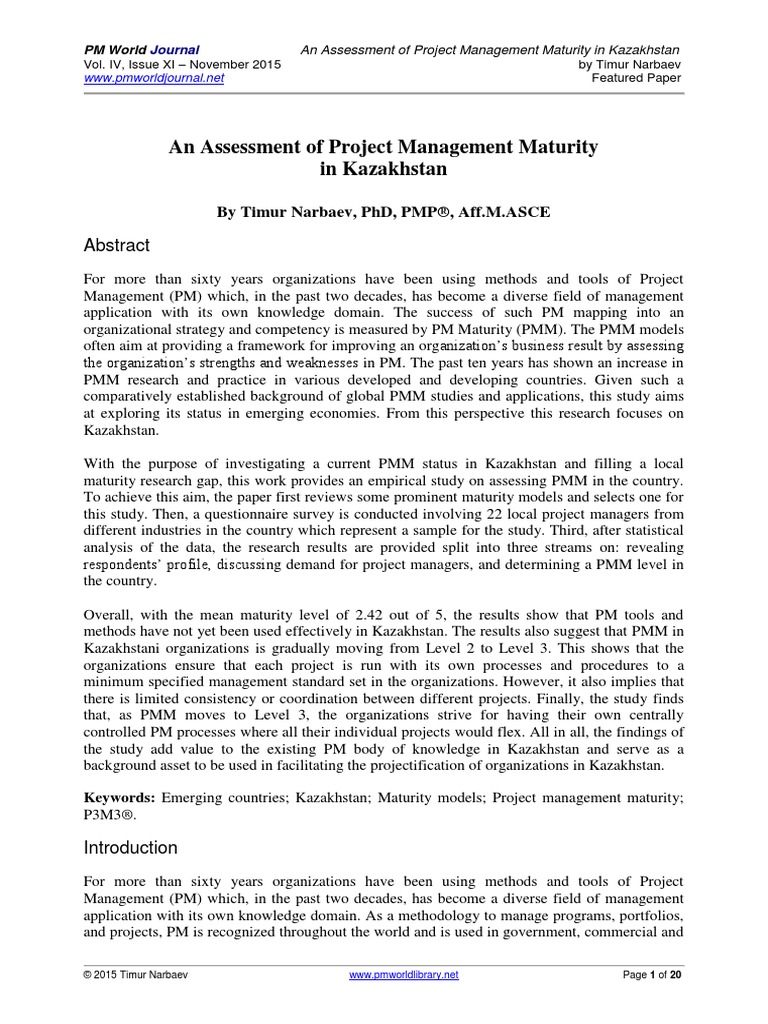 pmwj40 Nov2015 Narbaev Project Management Maturity in Kazakhstan PDF ...