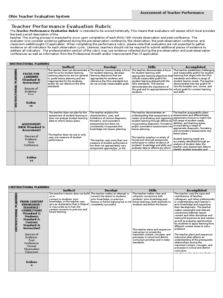 OTES Rubric 2016-17 Accomplished Only Cheat Sheet | PDF | Educational ...