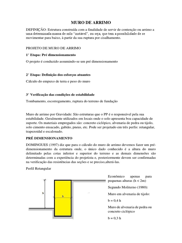 Resumo - Muro de Arrimo | PDF | Estresse (Mecânica) | Engenharia Civil