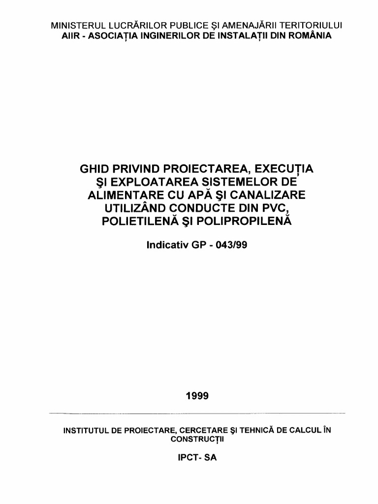 Gp-043-99-Ghid Proiectare Sist Alim Apa Si Canal Cu Tevi Plastice PDF | PDF