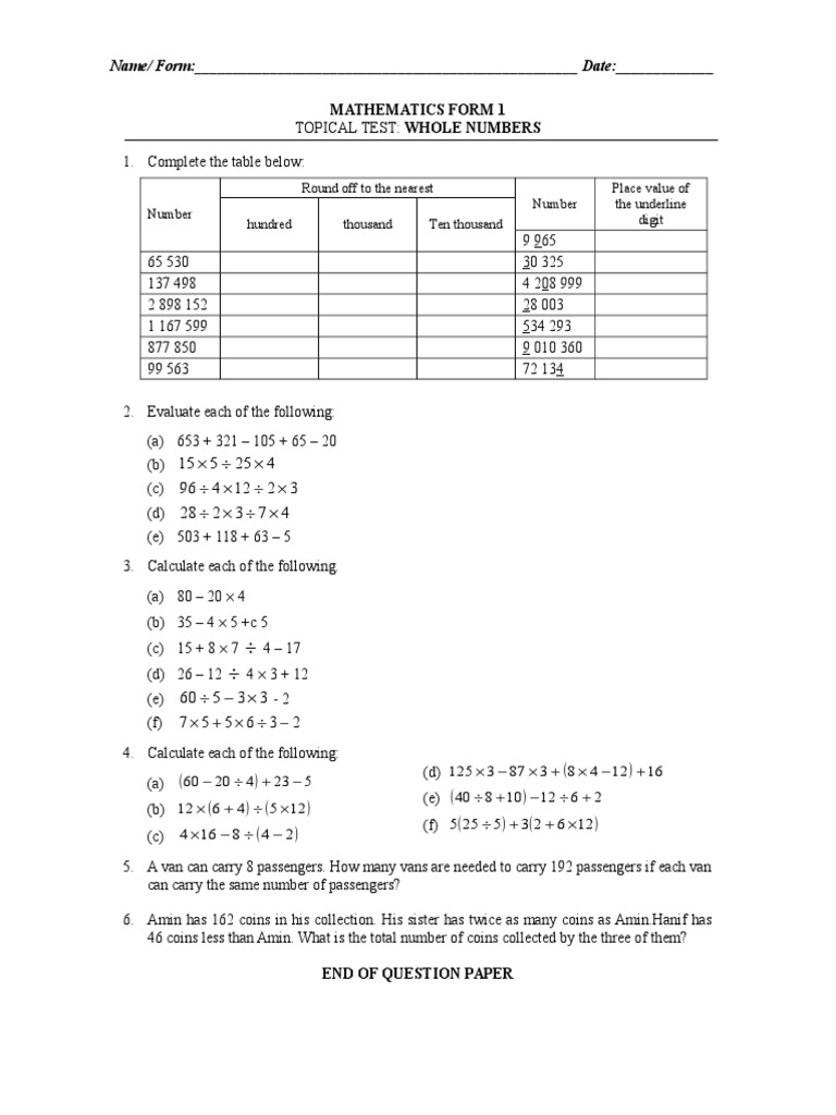 Whole Numbers Test for Form 1 Math | PDF | Teaching Methods & Materials