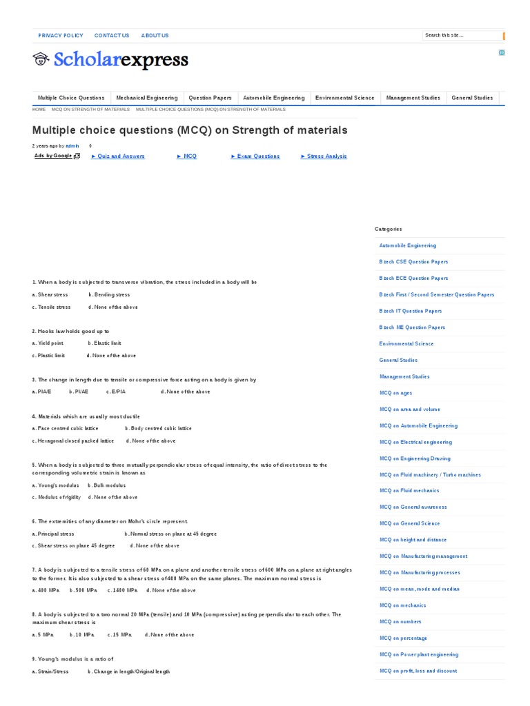 Multiple Choice Questions (MCQ) On Strength of Materials ...