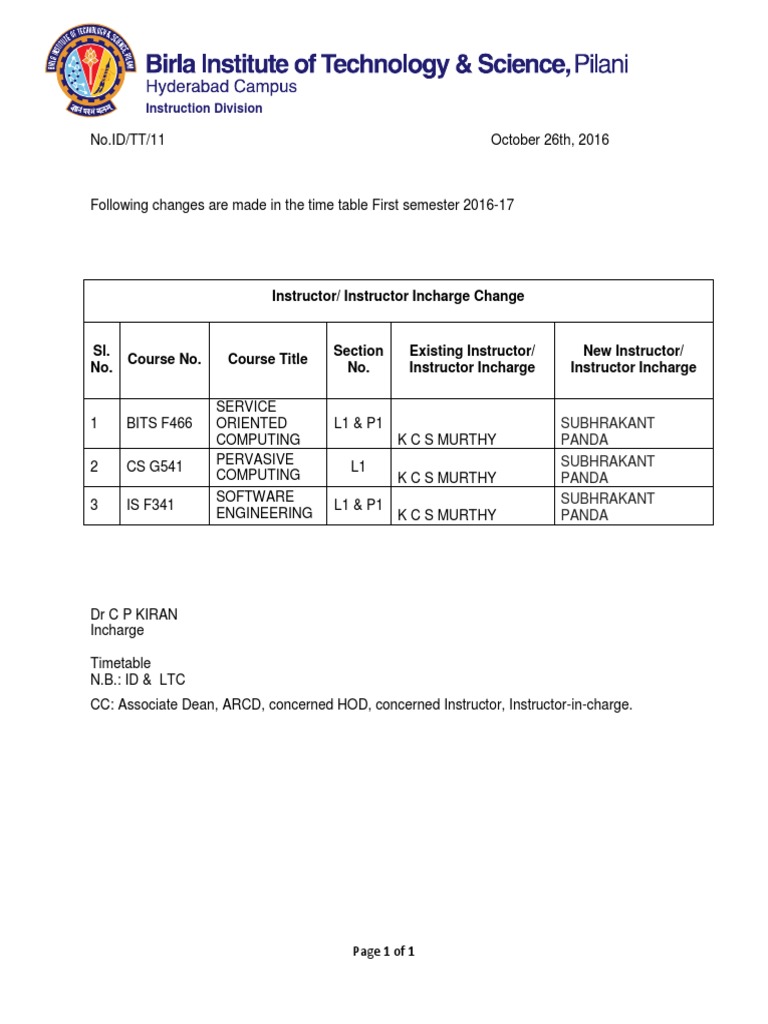 Instructor/ Instructor Incharge Change: Instruction Division | PDF