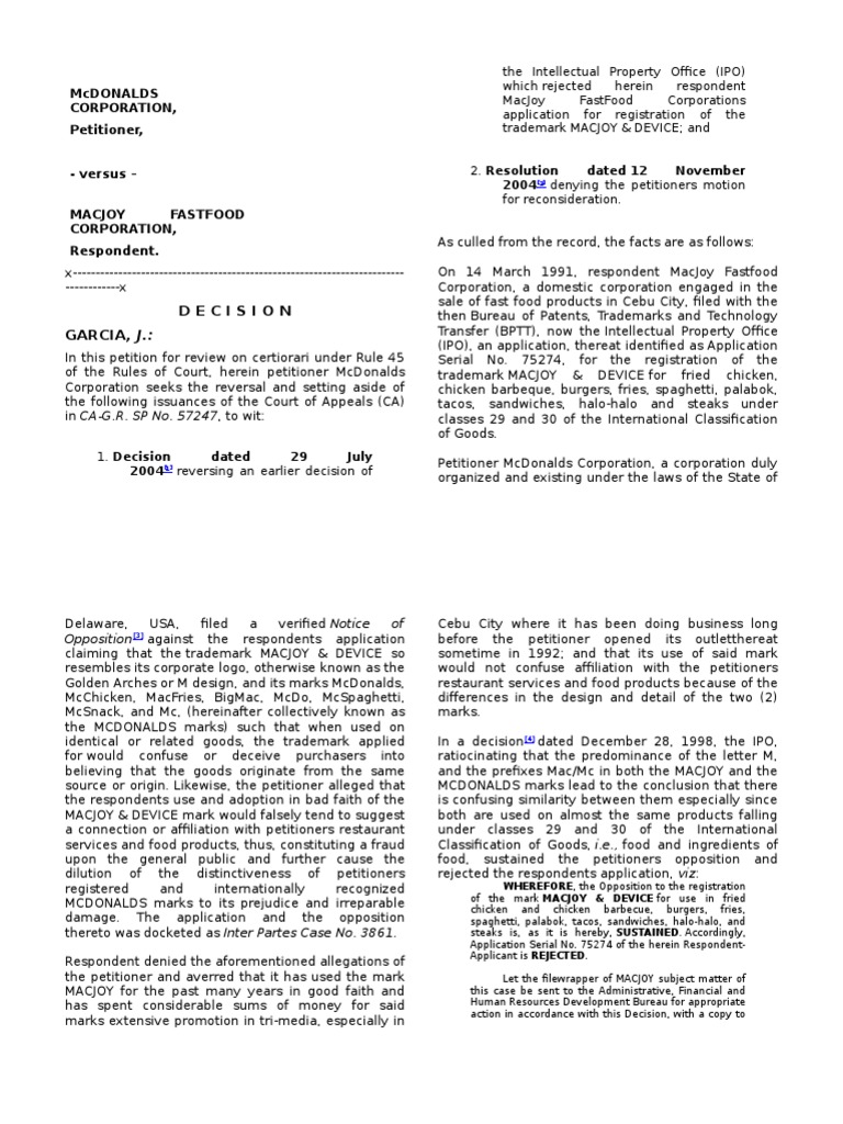 McDonalds vs. MacJoy, G.R. No. 166115, February 2, 2007 | PDF ...