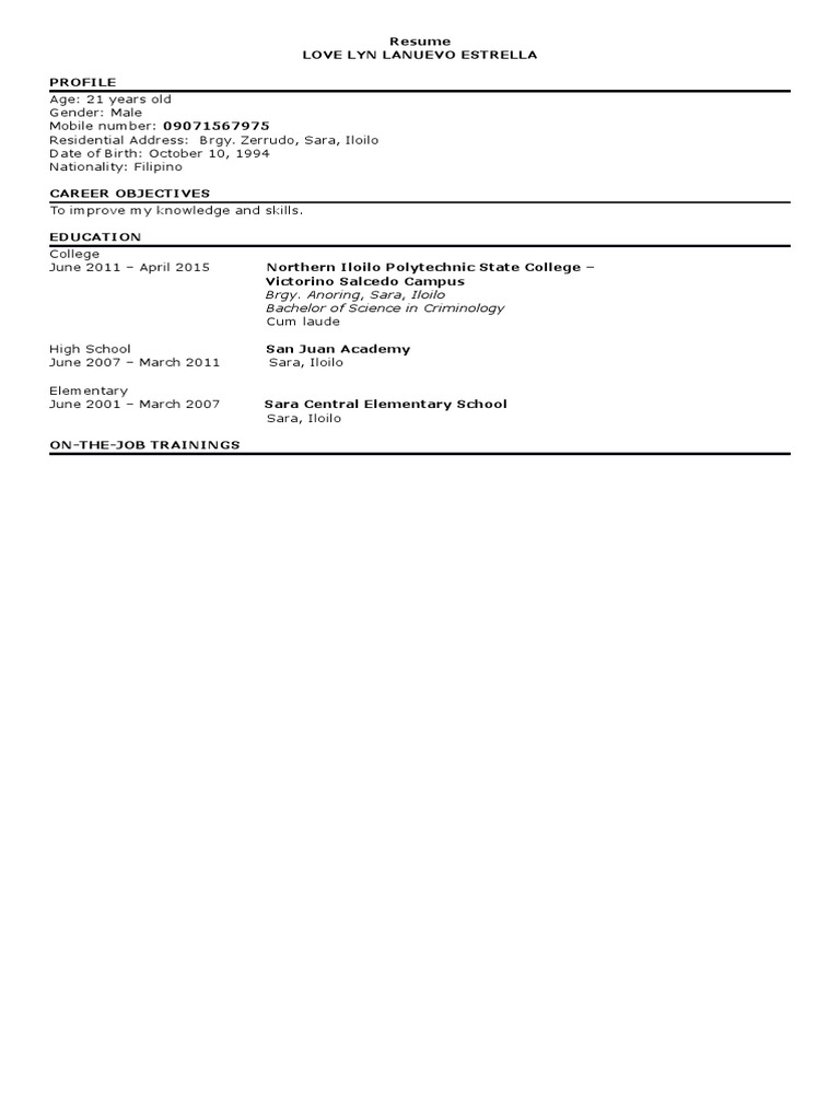Bachelor of Science in Criminology: Resume Love Lyn Lanuevo Estrella ...