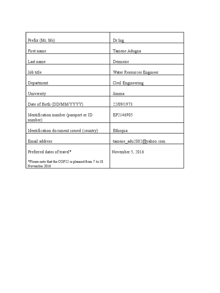 COP22 Form | PDF