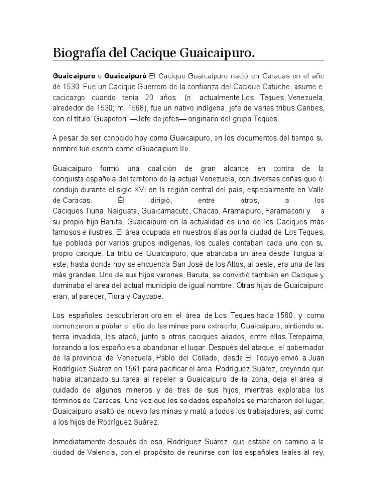 Biografía Del Cacique Guaicaipuro | PDF | Rebeliones | Conflicto armado