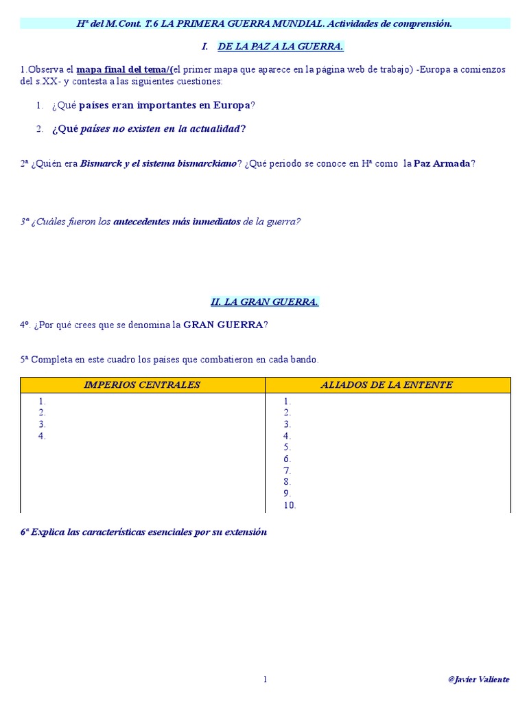 Actividades de Comprensión de la 1ª Guerra Mundial | PDF | Primera ...