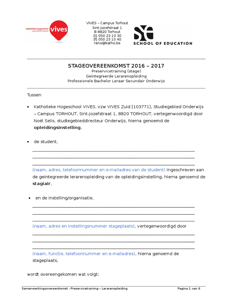 Stageovereenkomst VIVES Campus Torhout 2016-2017 AV-LO-OAR | PDF