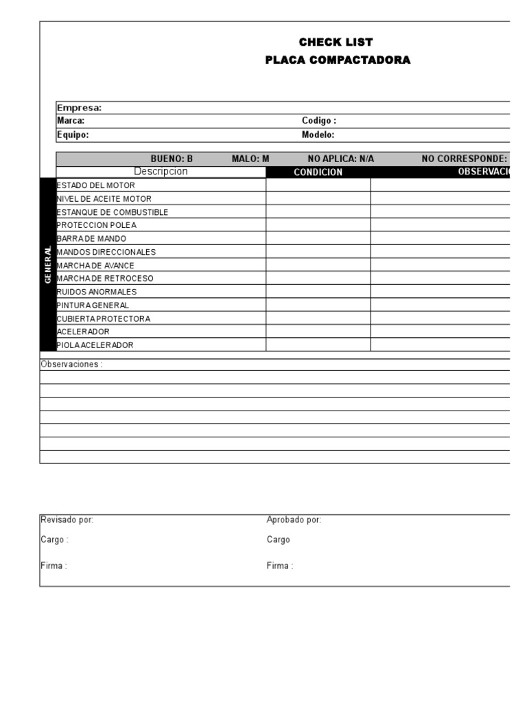 Check List Placa Compactadora