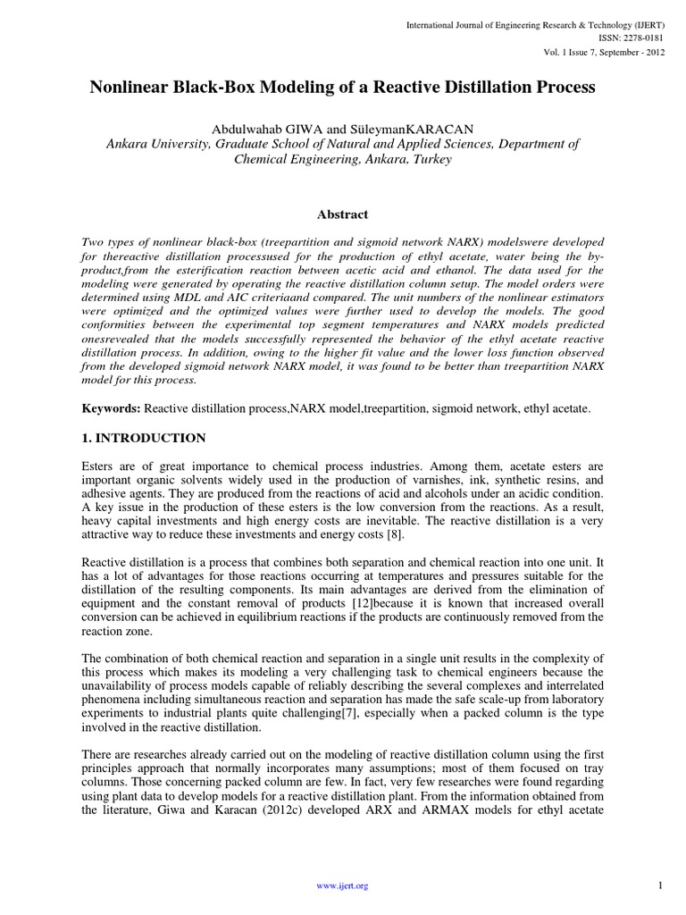 Nonlinear Black-Box Modeling of A Reactive Distillation Process | PDF