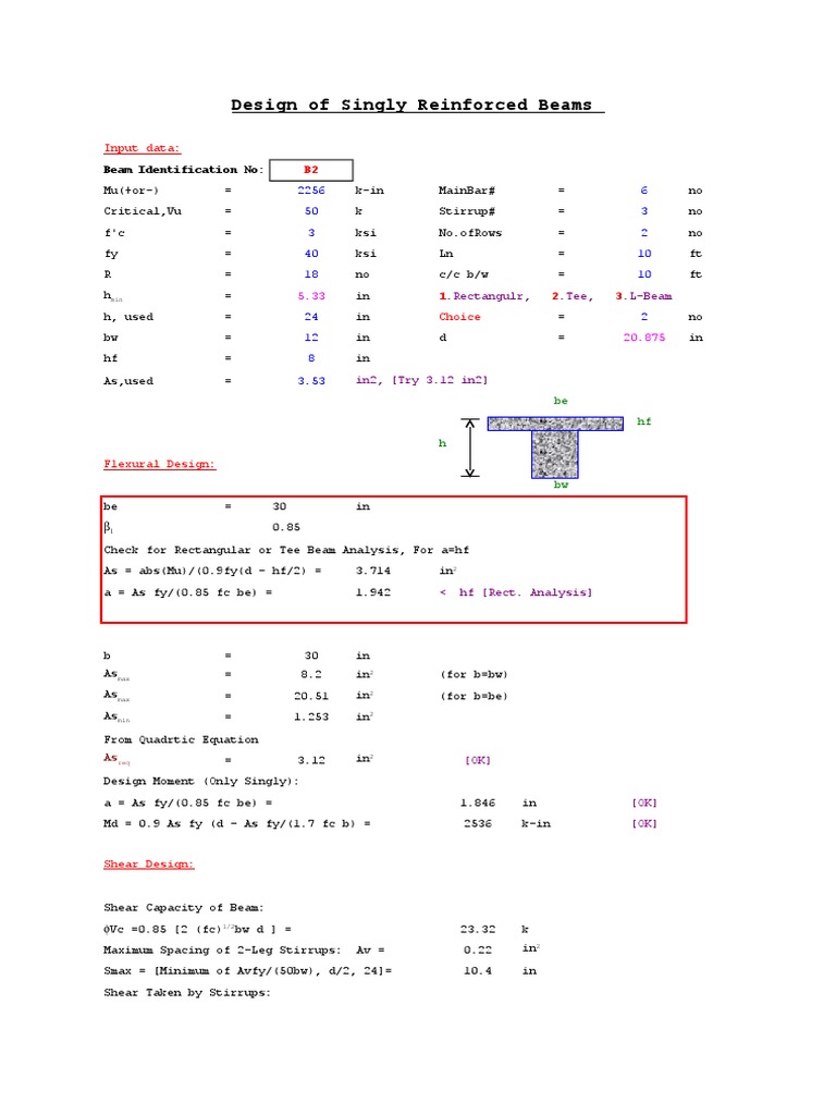 Design of Singly Reinforced Beams: Beam Identification No | PDF