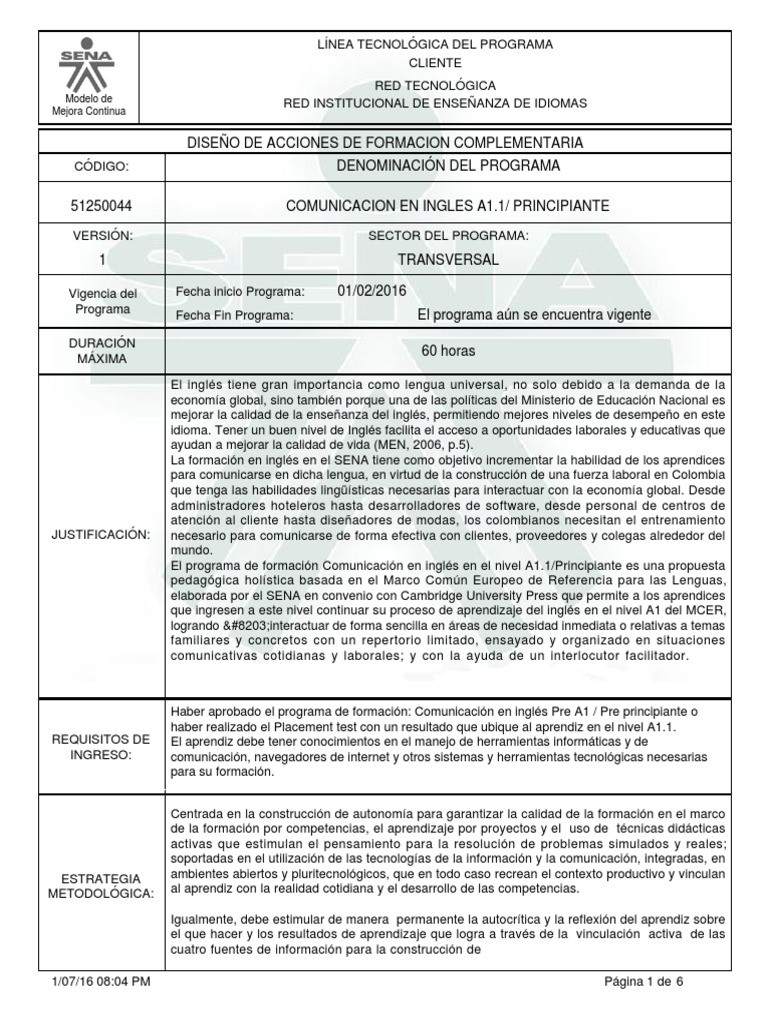 Programa de Inglés A1.1 SENA | PDF | Tecnología de información y ...