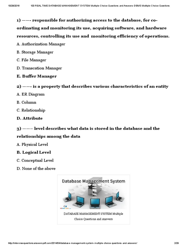 100-DBMS Multiple Choice Questions | Download Free PDF | Data Model ...