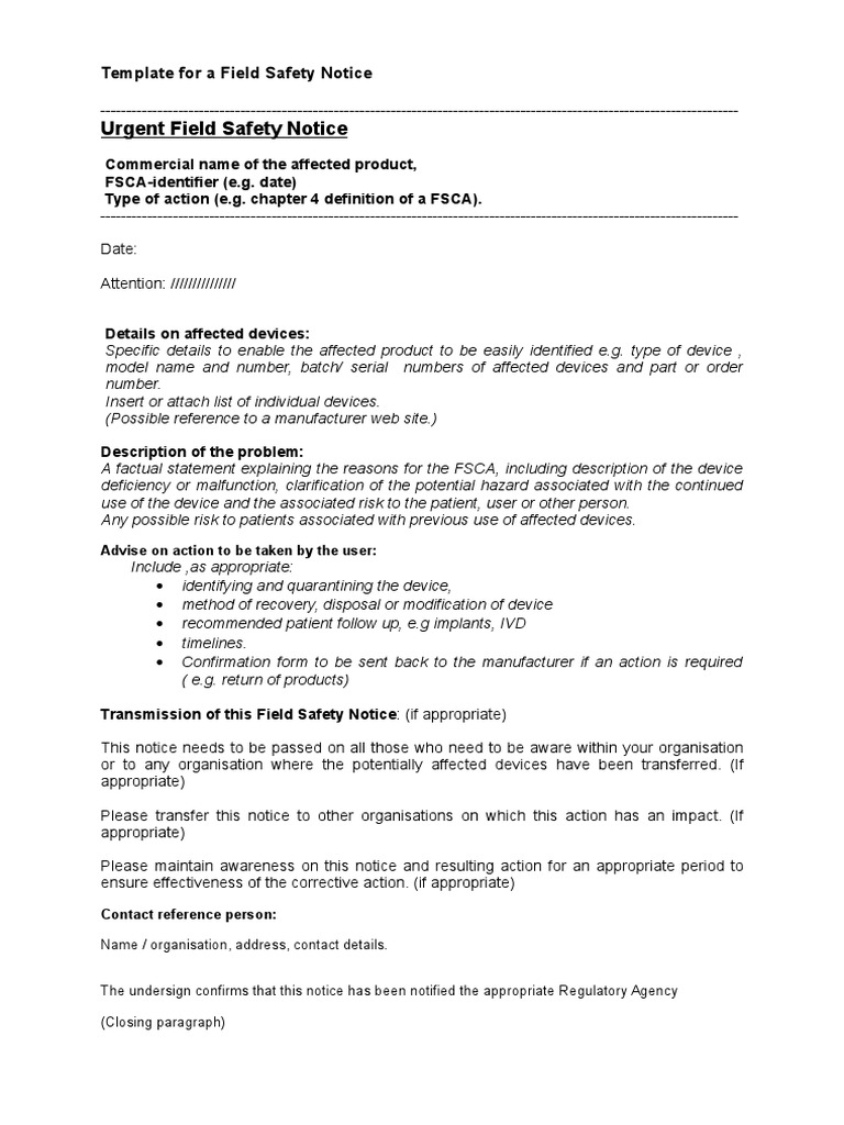 Template For A Field Safety Notice | PDF